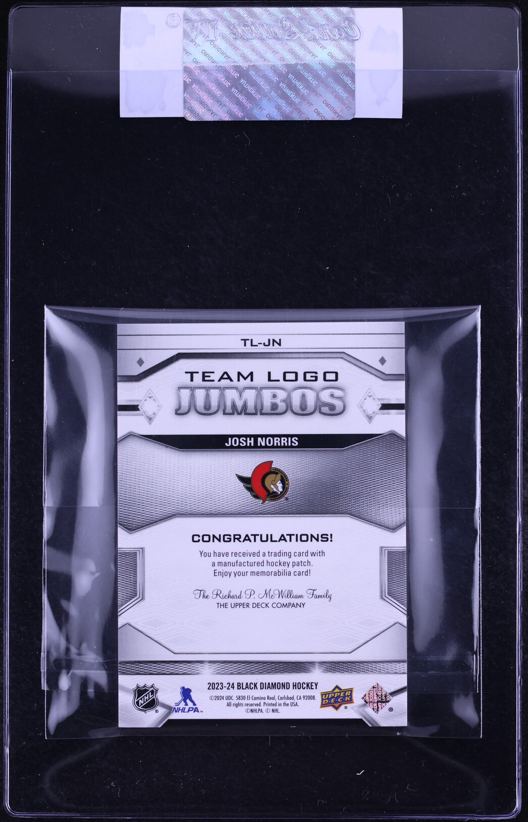 2023 Black Diamond Team Logo Jumbo Gold Josh Norris PATCH /15 #TL-JN ...