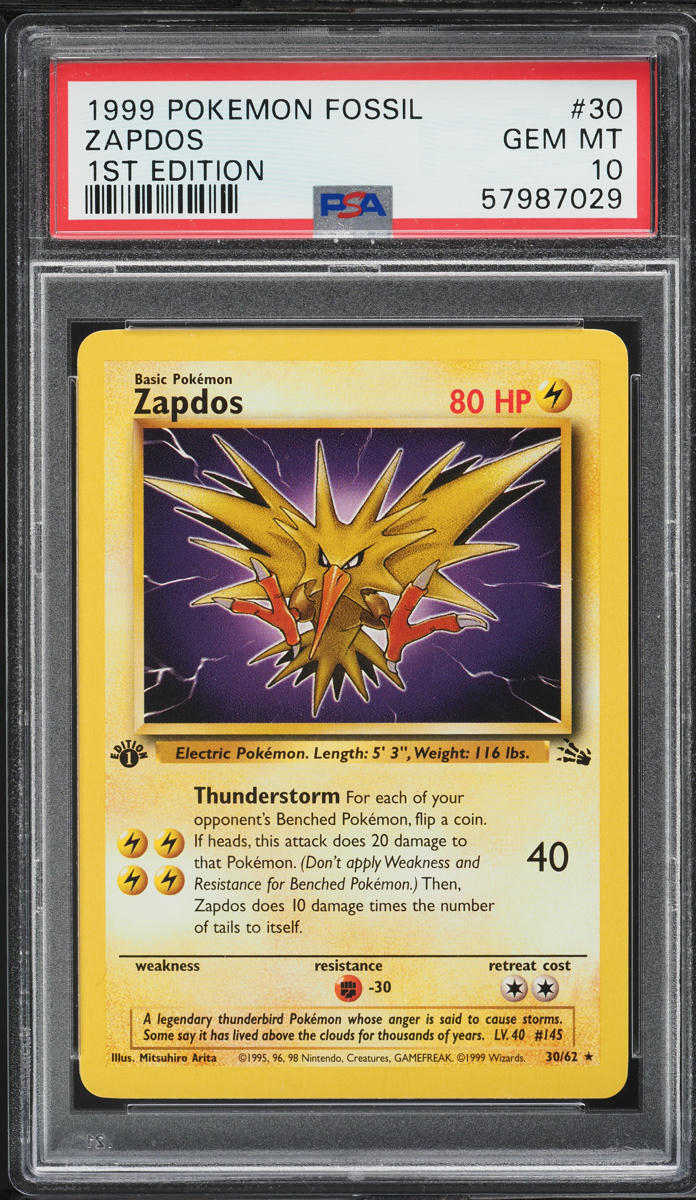 1999 Pokemon Fossil 1st Edition Zapdos #30 PSA 10 GEM MINT on Fanatics ...