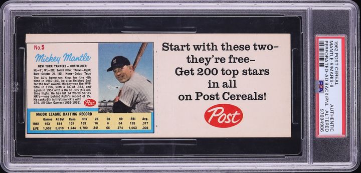 1962 Post Cereal Perforated Ad Back Panel Mantle Maris PSA ALTERED AUTH ...