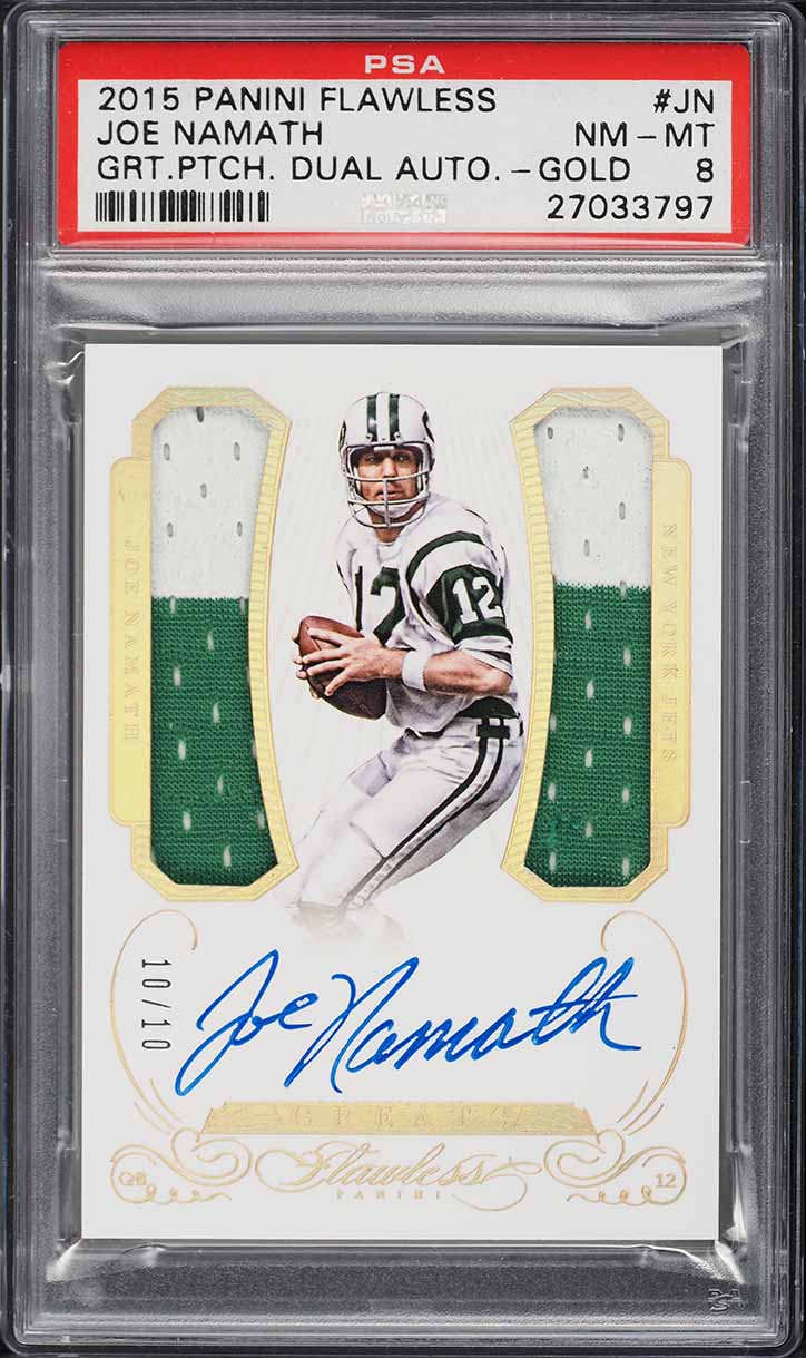 2015 Panini Flawless Greats Patches Dual Gold Joe Namath PATCH AUTO 10/10 PSA 8 on Fanatics Collect