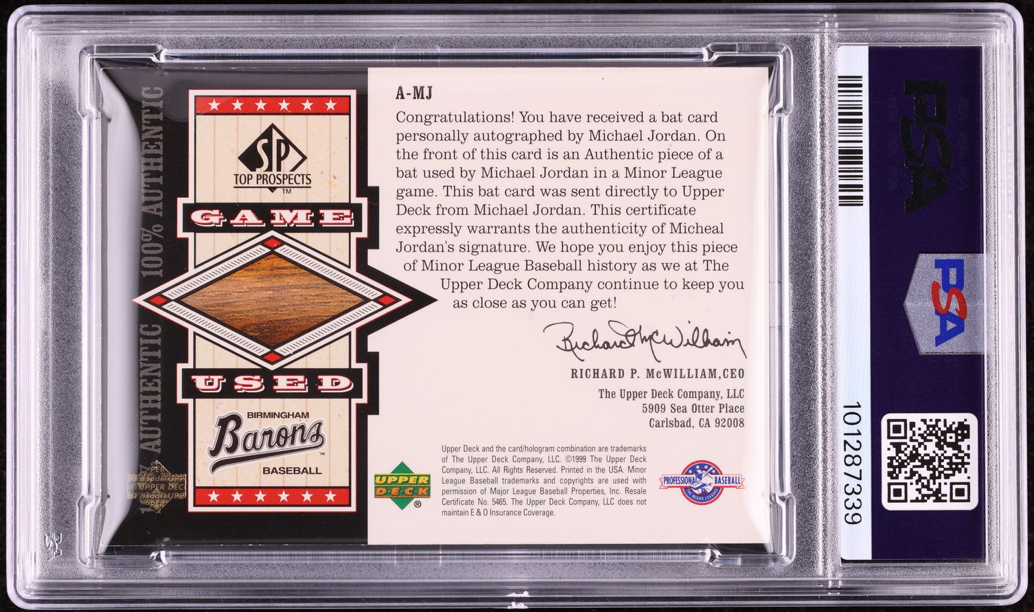 2000 SP Top Prospects Game Used Michael Jordan BAT PATCH AUTO /45 #A-MJ ...