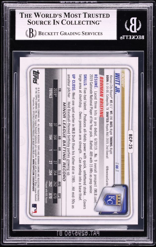 2020 Bowman Chrome Superfractor Bobby Witt Jr. PROSPECT 1/1 #BCP-25 BGS ...