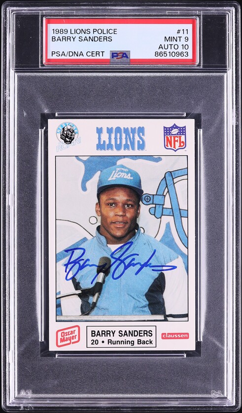 1989 Lions Police Barry Sanders ROOKIE AUTO DNA 10 #11 PSA 9 MINT on ...