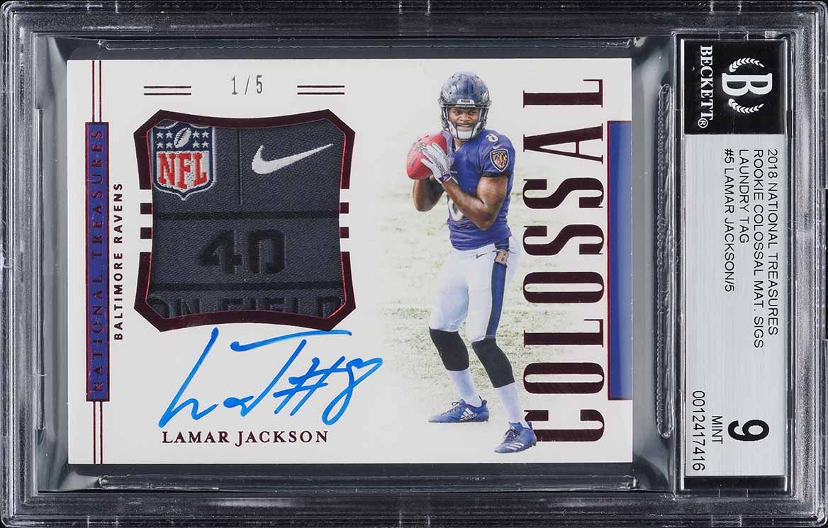 2018 National Treasures Colossal Lamar Jackson ROOKIE TAG PATCH AUTO 1/ ...