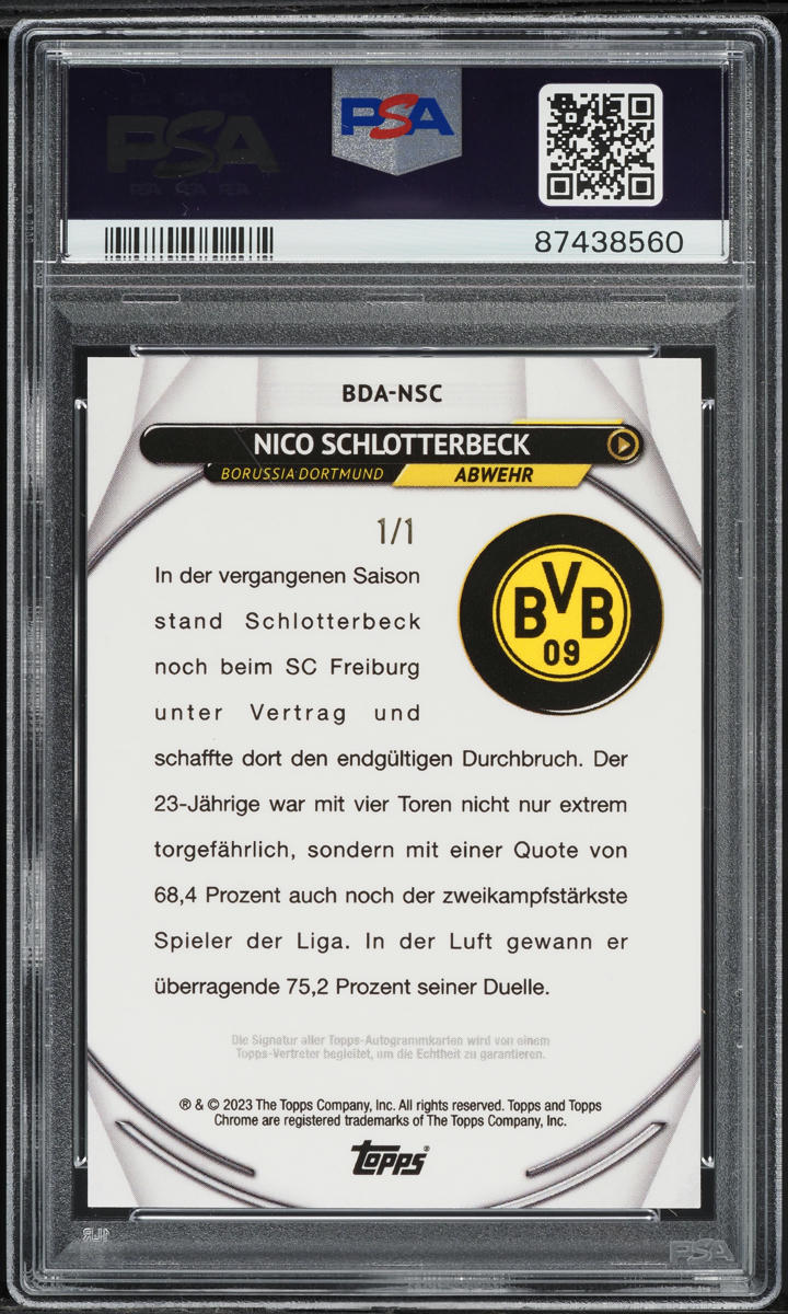 2022 Topps Chrome BVB Superfractor Nico Schlotterbeck AUTO DNA 10 1/1 ...