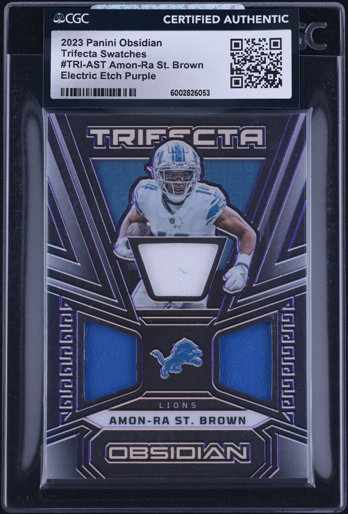 2023 Panini Obsidian Electric Etch Purple Amon-Ra St. Brown PATCH /75 ...