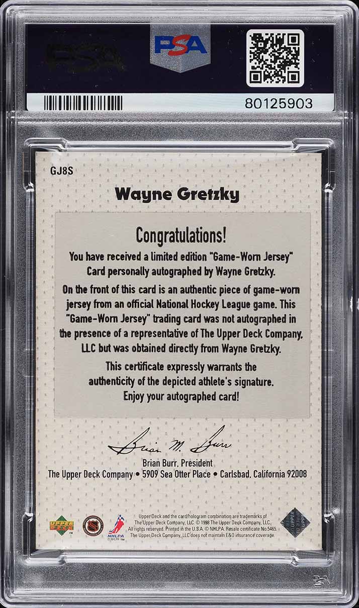 1997 Upper Deck Game Jersey Wayne Gretzky PATCH AUTO /99 #GJ8S PSA 6 ...
