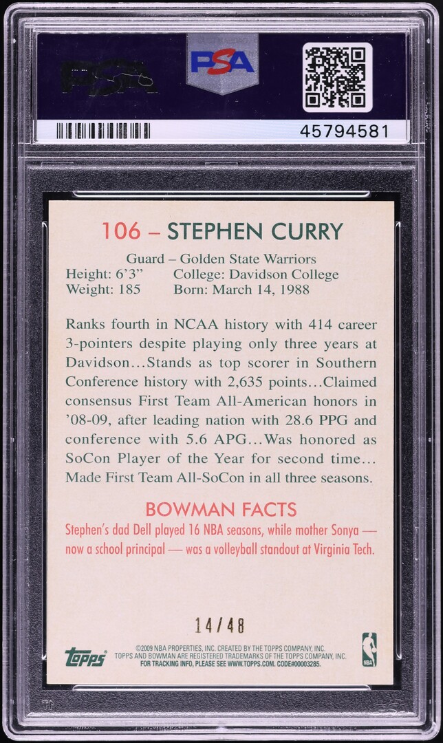 2009 Bowman '48 Black Stephen Curry ROOKIE /48 #106 PSA 7 NRMT on ...