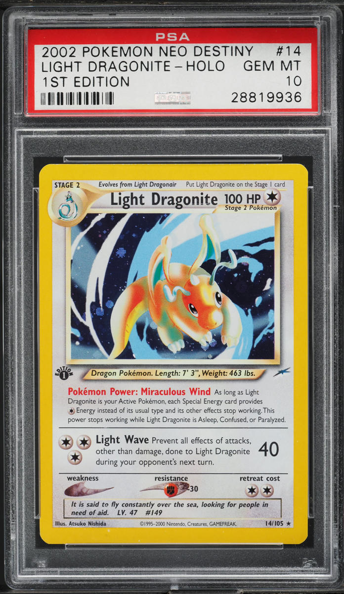 2002 Pokemon Neo Destiny 1st Edition Holo Light Dragonite #14 PSA 10 ...