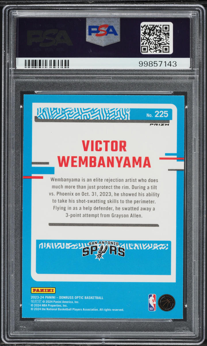 2023 Donruss Optic Blue Velocity Victor Wembanyama ROOKIE #225 PSA 10 ...