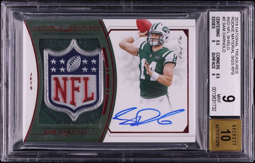 2018 National Treasures Red Sam Darnold ROOKIE NFL SHIELD PATCH AUTO 1/ ...