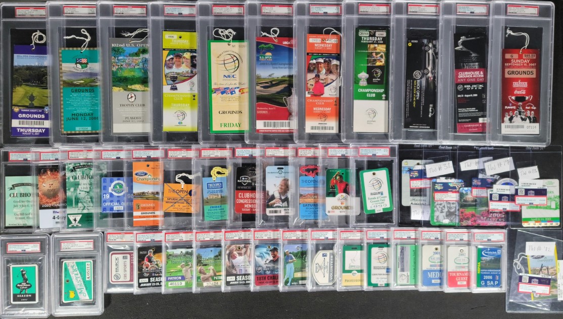 Tiger Woods PGA Tour Ticket & Badge WINS, 81 Different, PSA GRADED on ...