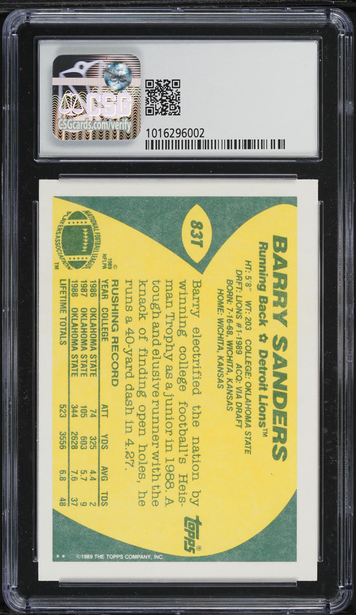 1989 Topps Traded Barry Sanders ROOKIE #83T CSG 8.5 NM-MT+ on Fanatics Collect