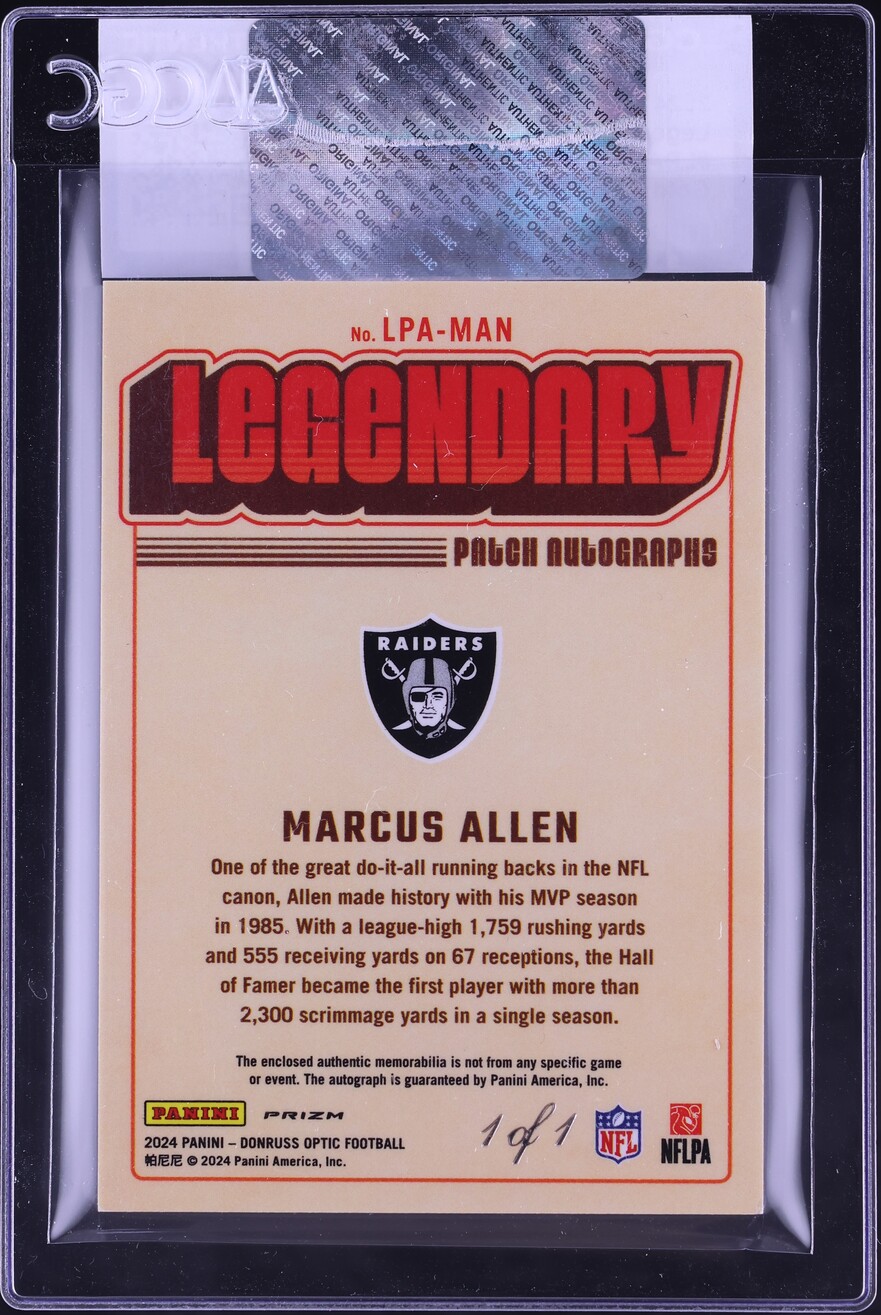 2024 Donruss Optic Legendary Gold Vinyl Marcus Allen PATCH AUTO 1/1 # ...
