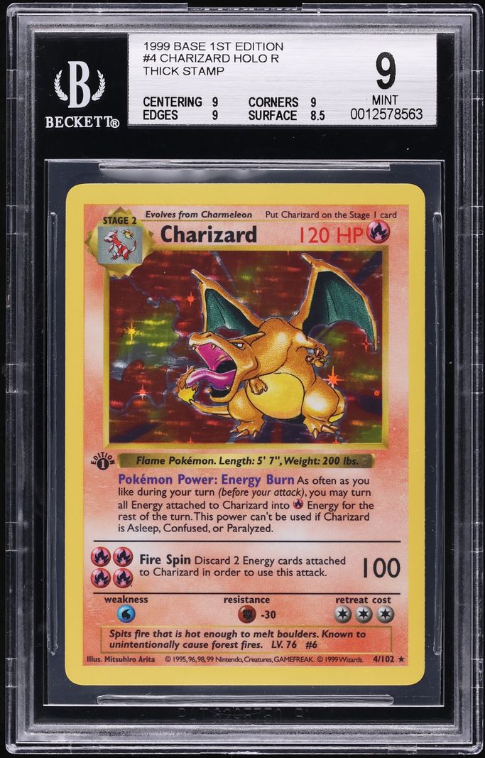 1999 Pokemon Base Set Shadowless 1st Edition Thick Stamp Holo Charizard ...