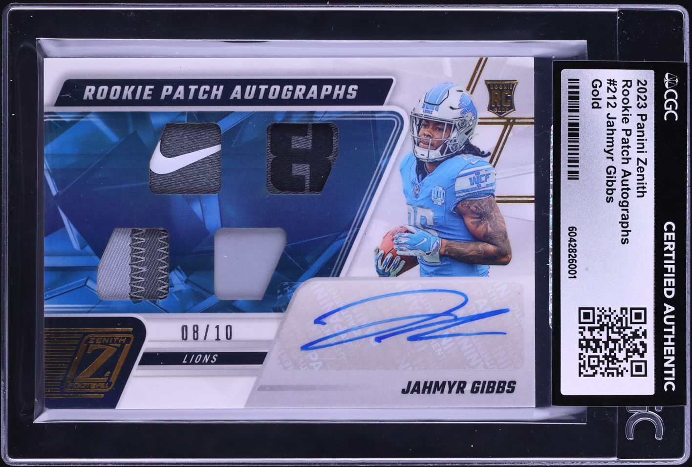 2023 Panini Zenith Gold Jahmyr Gibbs ROOKIE PATCH AUTO /10 #212 CGC ...