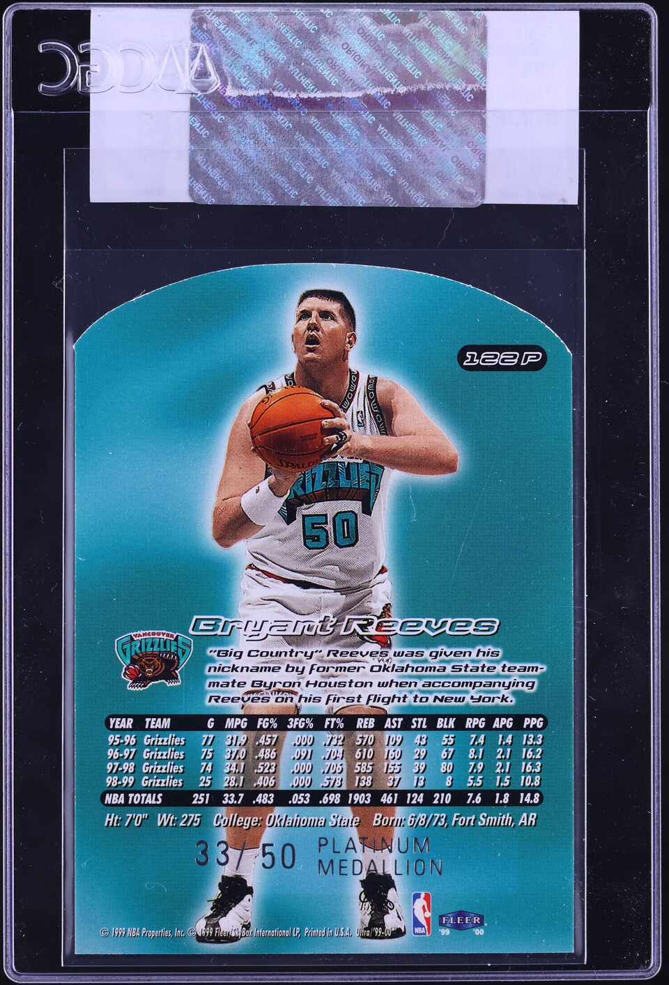 1999 Ultra Platinum Medallion Bryant Reeves /50 #122P CGC AUTH on ...