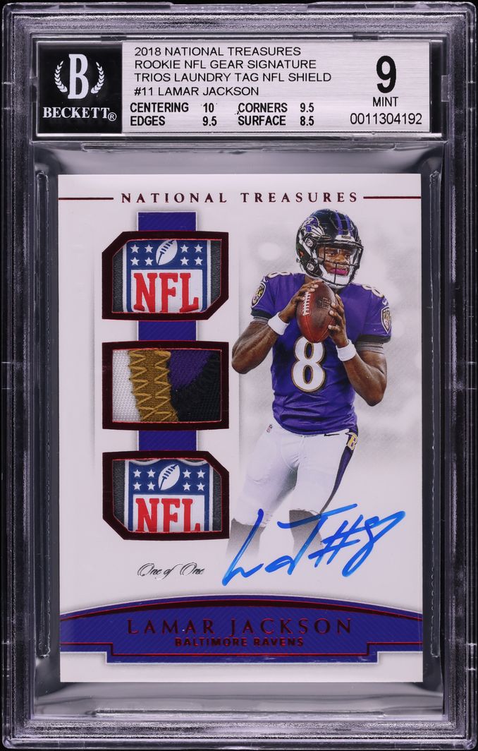 2018 National Treasures Red Lamar Jackson ROOKIE NFL TAG PATCH AUTO 1/1 ...