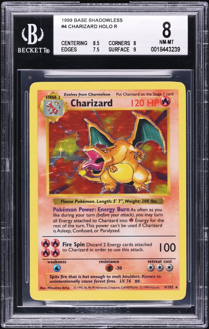 1999 Pokemon Base Set Shadowless Holo Charizard #4 BGS 8 NM-MT on ...
