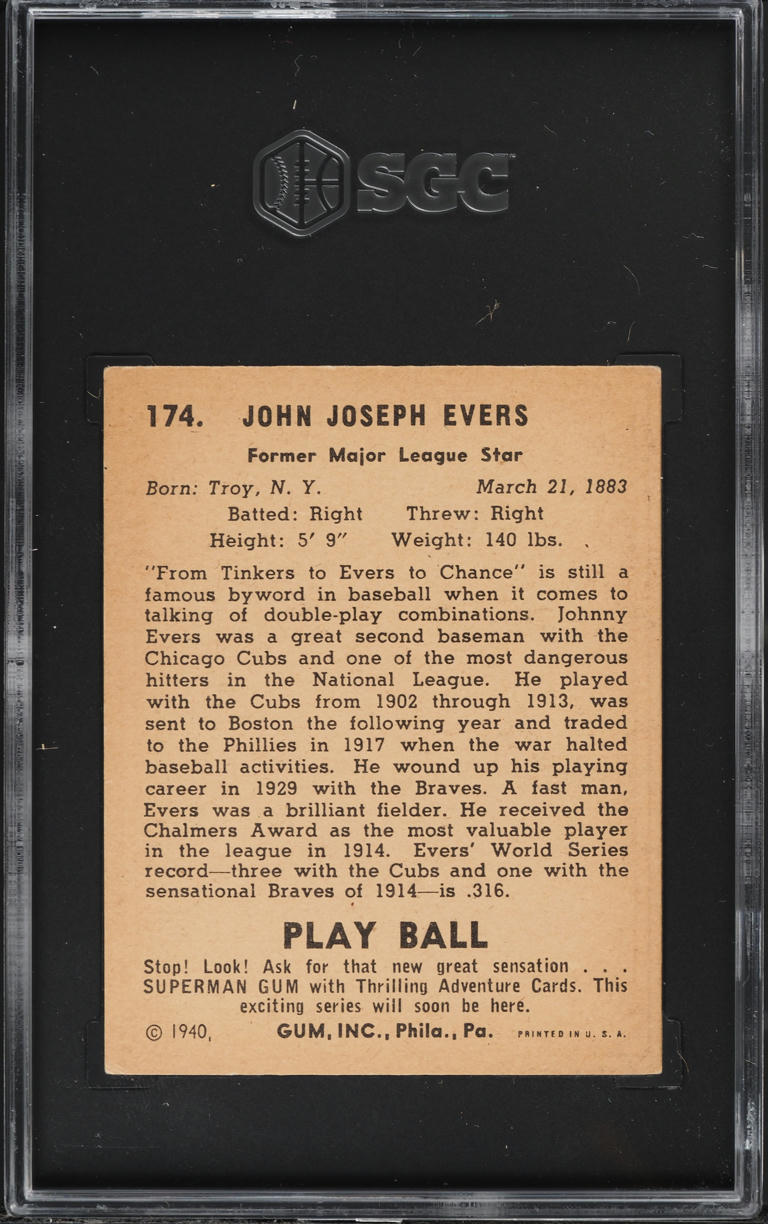 1940 Play Ball Johnny Evers #174 SGC 5 EX on Fanatics Collect