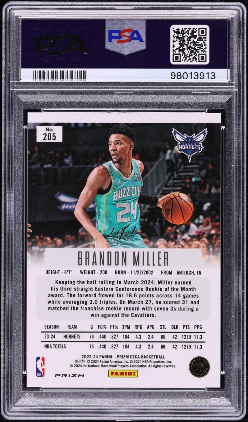 2023 Panini Prizm Deca Black Shimmer Brandon Miller ROOKIE 1/1 #205 PSA ...