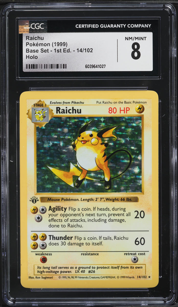 1999 Pokemon Base Set Shadowless 1st Edition Holo Raichu #14 CGC 8 NM ...