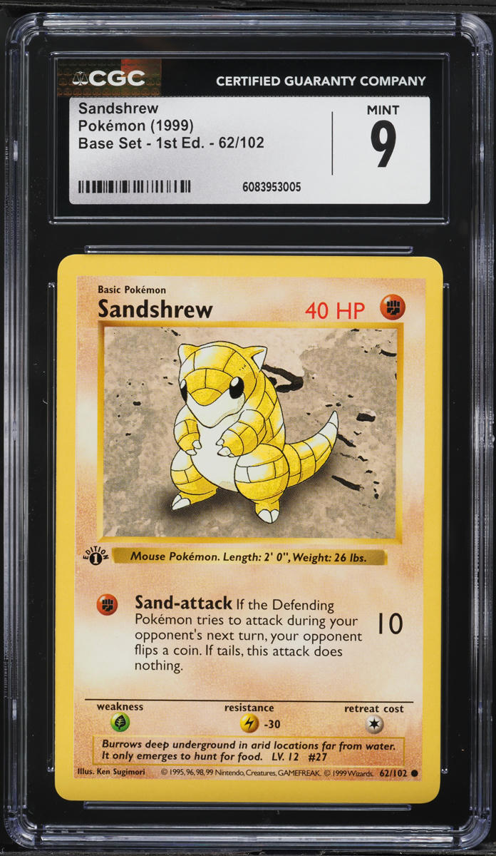 1999 Pokemon Base Set Shadowless 1st Edition Sandshrew #62 CGC 9 MINT ...