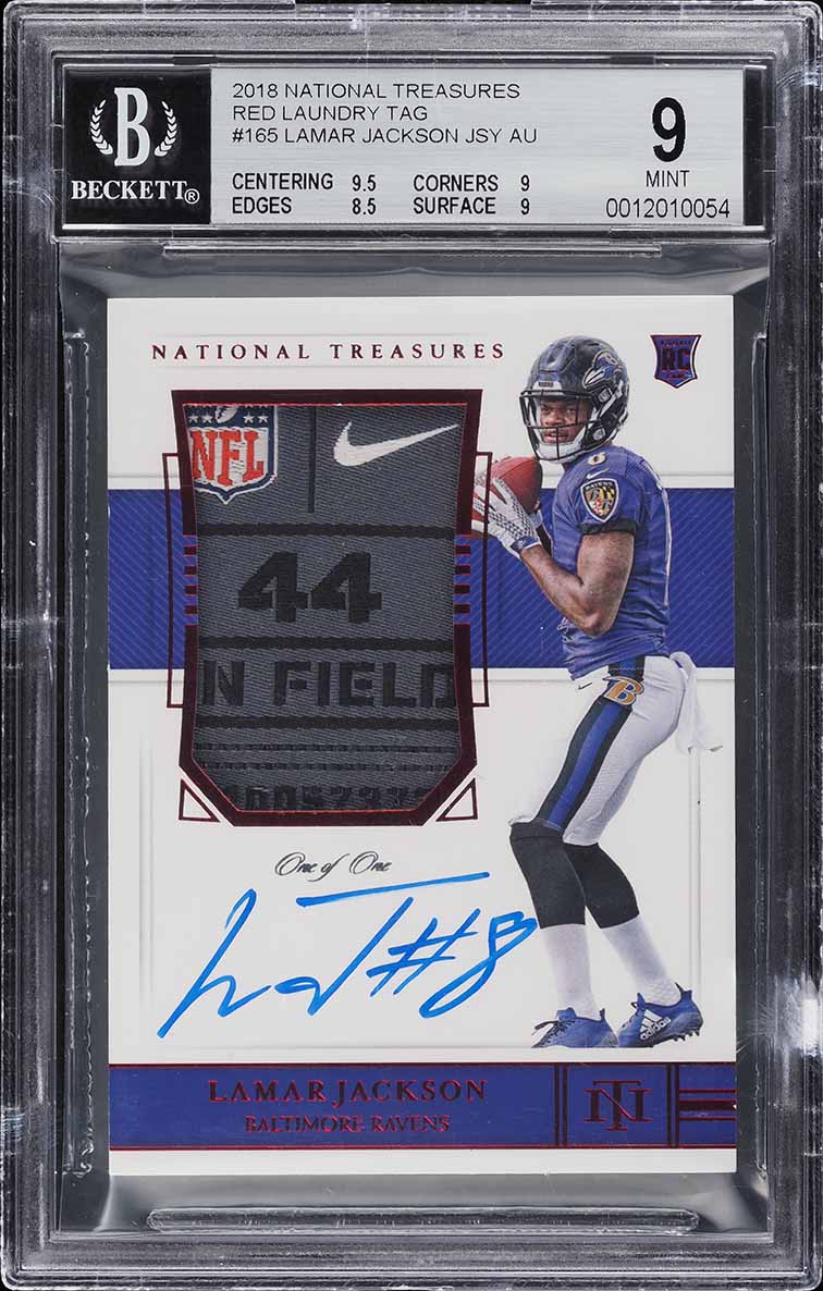 2018 National Treasures Red Laundry Tag Lamar Jackson RC PATCH AUTO 1/1 ...