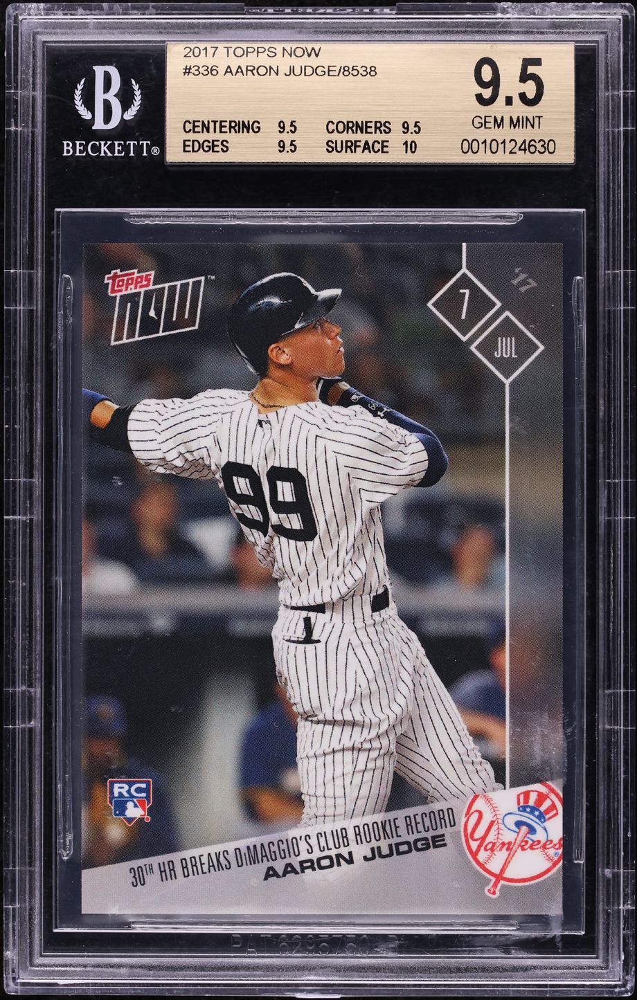 2017 Topps Now Aaron Judge ROOKIE /8538 #336 BGS 9.5 GEM MINT on ...
