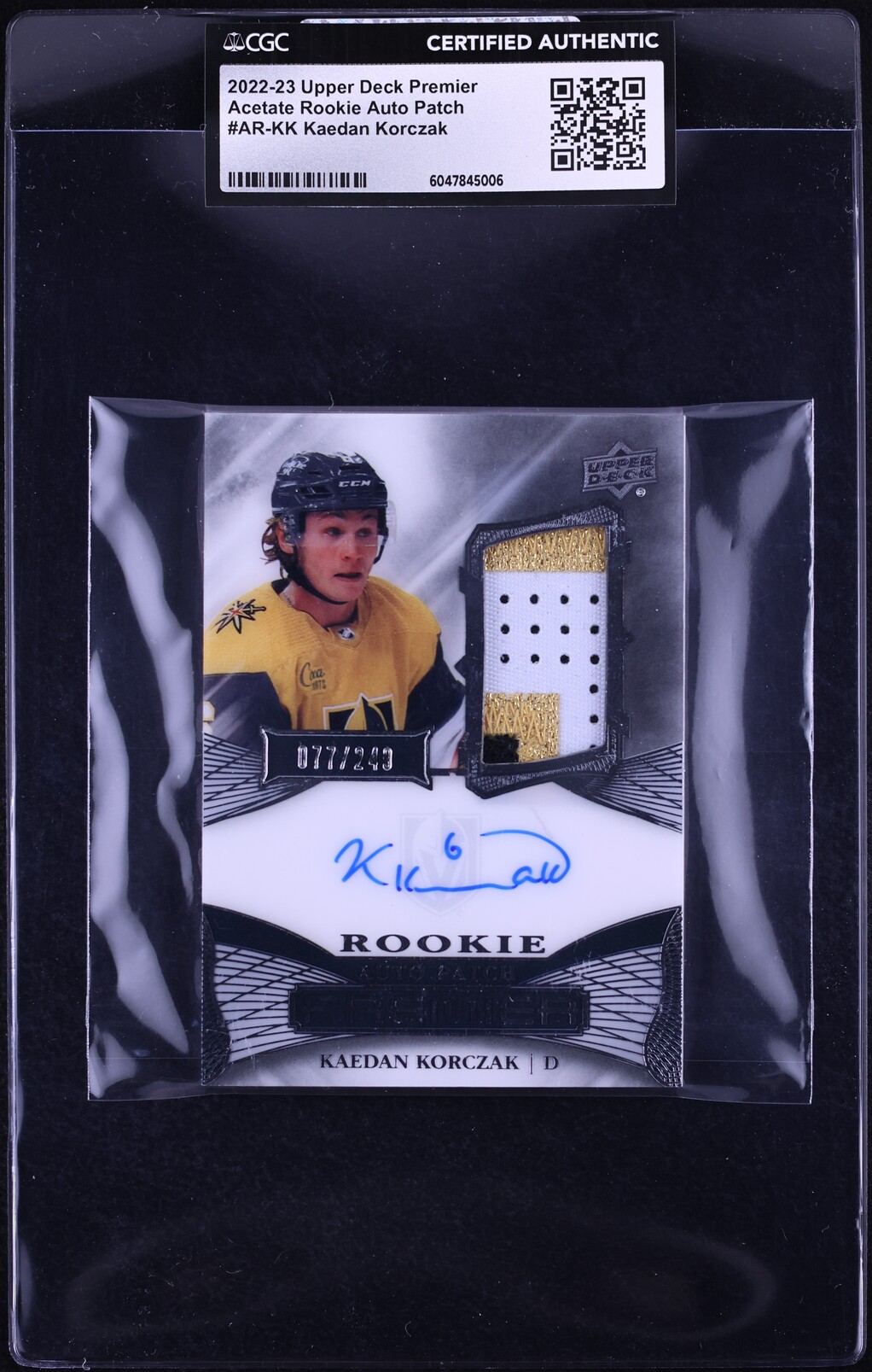 2022 Upper Deck Premier Acetate Kaedan Korczak RC PATCH AUTO /249 CGC ...
