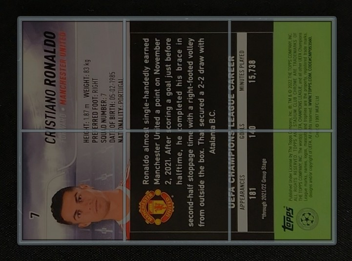 2021 Stadium Club Chrome UEFA Blue Prism Cristiano Ronaldo #7 MBA AUTH ...