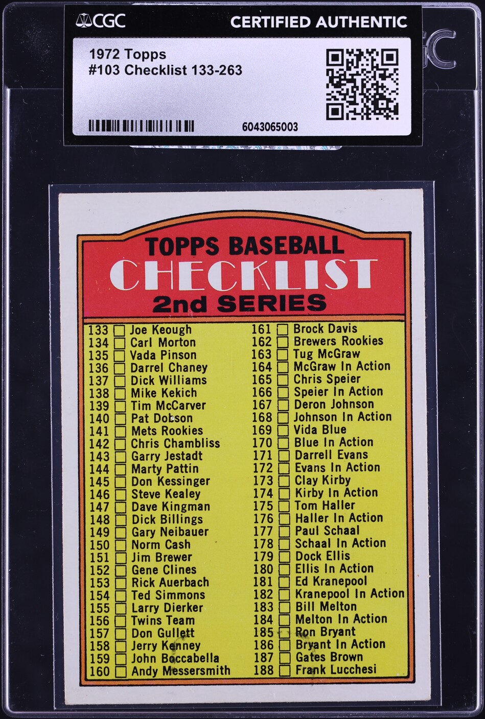 1972 Topps Checklist 133-263 #103 CGC AUTH on Fanatics Collect