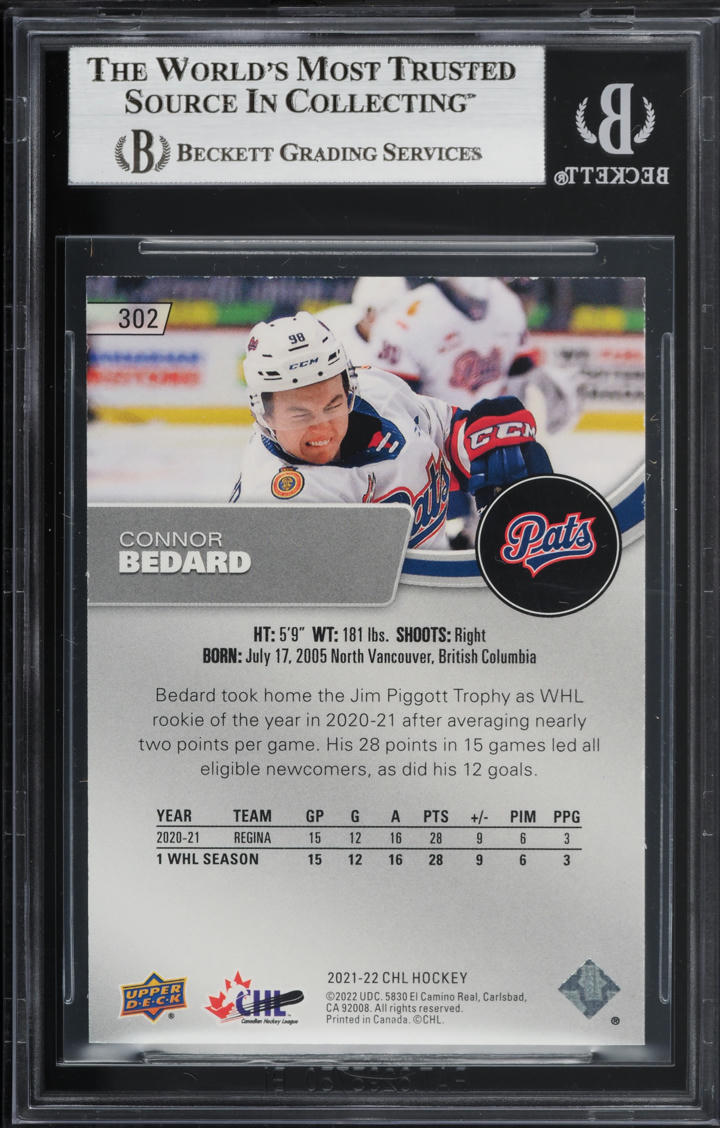 2021 Upper Deck CHL High Gloss Connor Bedard ROOKIE /10 #302 BGS 9 MINT ...