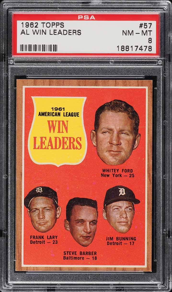 1962 Topps Jim Bunning Whitey Ford Frank Lary AL WIN LDRS #57 PSA 8 NM ...