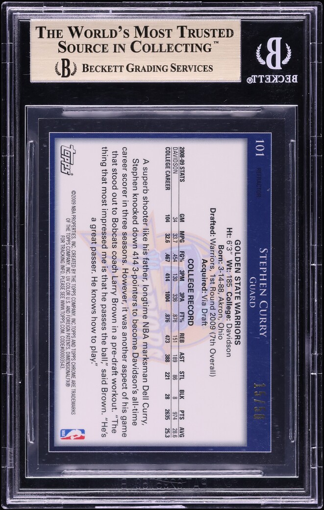 2009 Topps Chrome Gold Refractor Stephen Curry ROOKIE /50 #101 BGS 9.5 ...