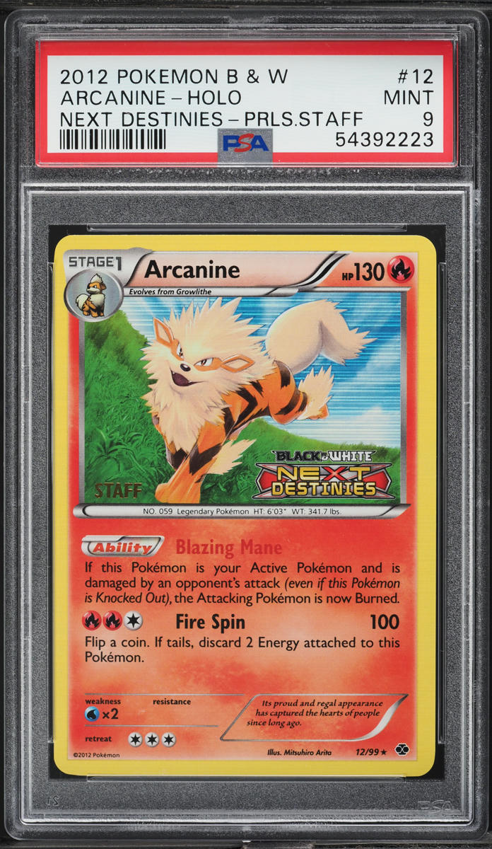 2012 Pokemon BW Next Destinies Prerelease Staff Holo Arcanine PSA 9 MINT on Fanatics Collect