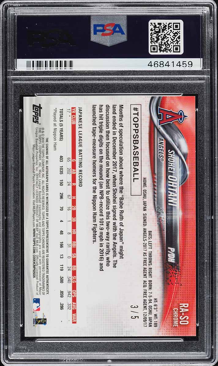 2018 Topps Chrome Red Refractor Shohei Ohtani ROOKIE AUTO /5 #RA-SP PSA 9 MINT on Fanatics Collect