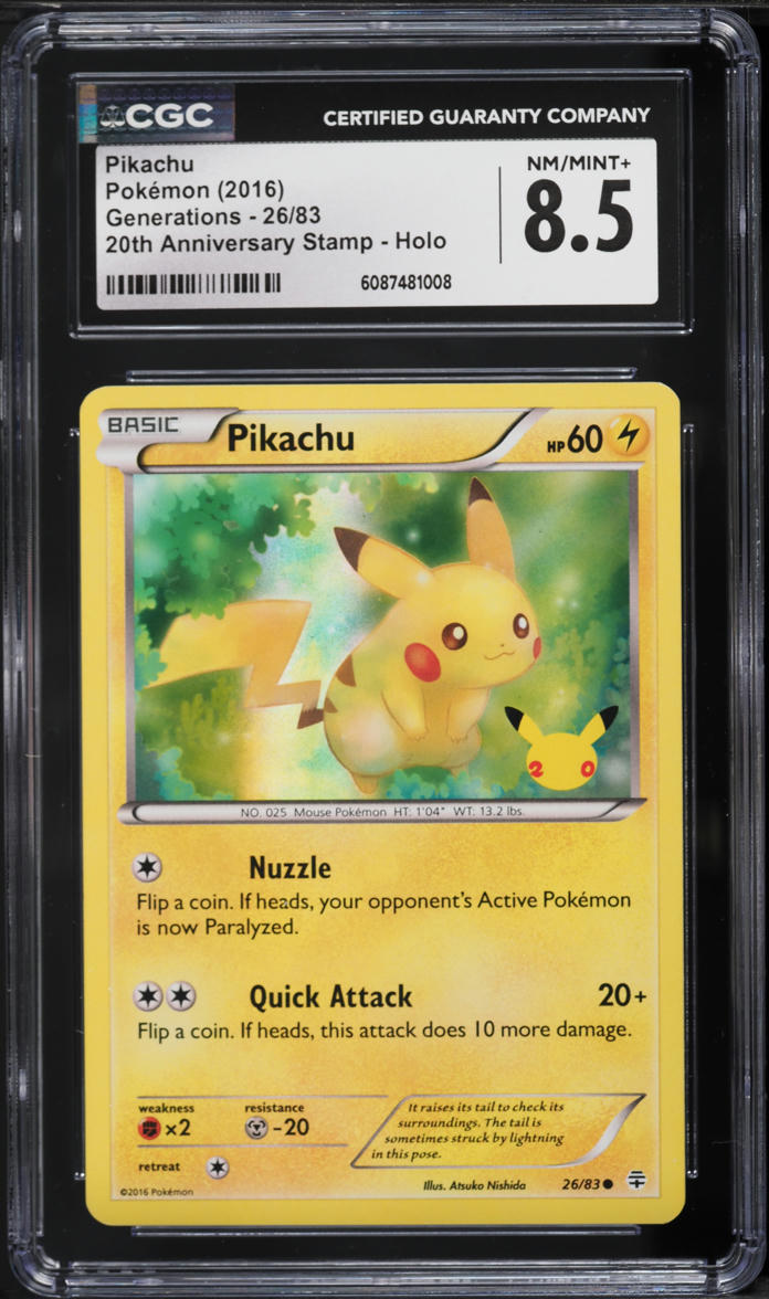2016 Pokemon XY Generations 20th Anniversary Stamp Holo Pikachu #26 CGC 8.5 NM-MT+ on Fanatics ...
