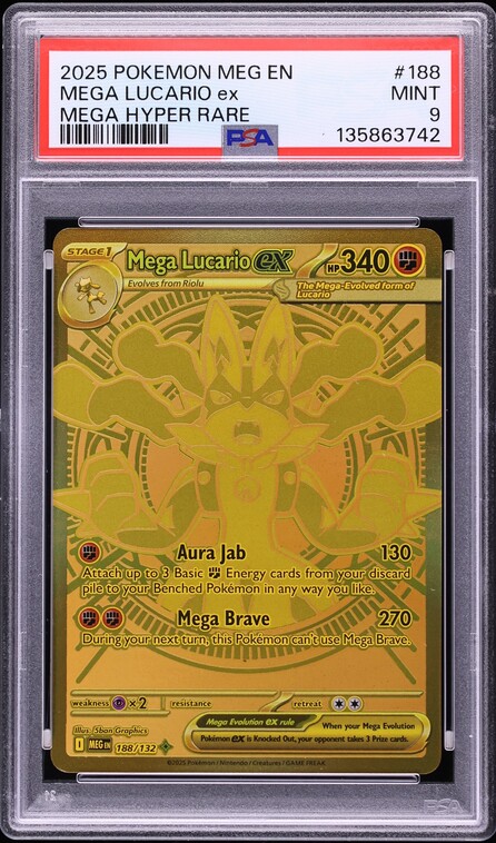 2025 Pokemon Mega Evolution Gold Rare Mega Lucario Ex #188 PSA 9 MINT ...