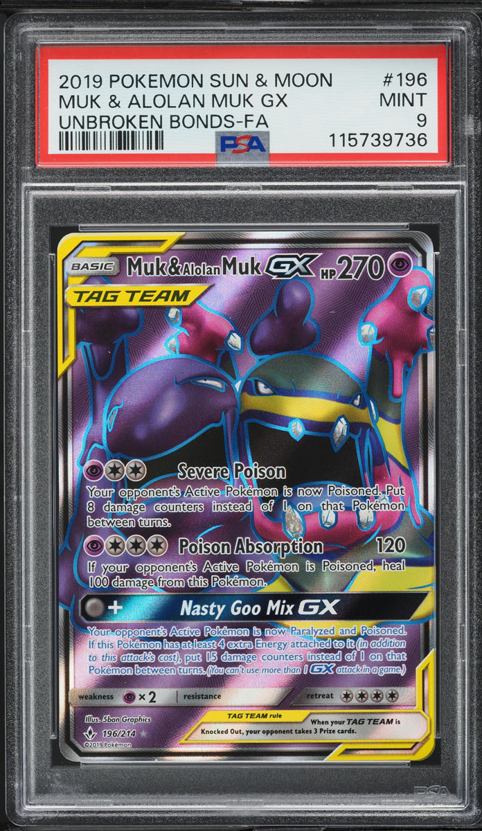 2019 Pokemon SM Unbroken Bonds Full Art Muk & Alolan Muk GX #196 PSA 9 MINT on Fanatics Collect