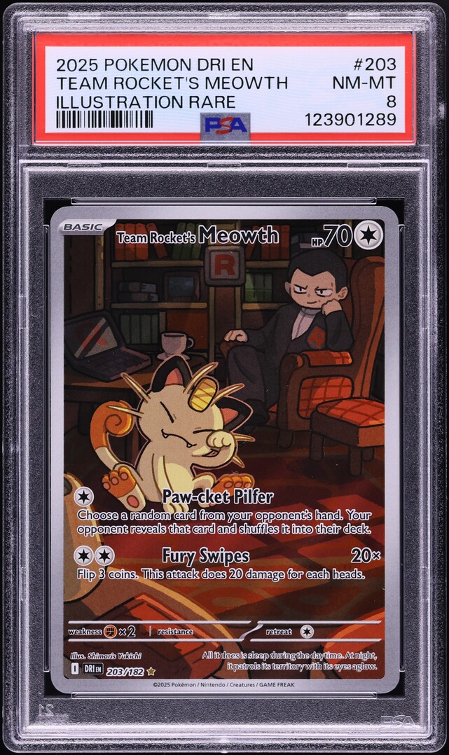 2025 Pokemon SV Destined Rivals IR Team Rocket's Meowth #203 PSA 8 NM ...