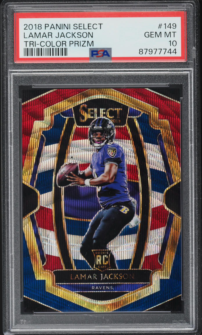2018 Select Premier Level Tri-Color Lamar Jackson ROOKIE /199 #149 PSA ...