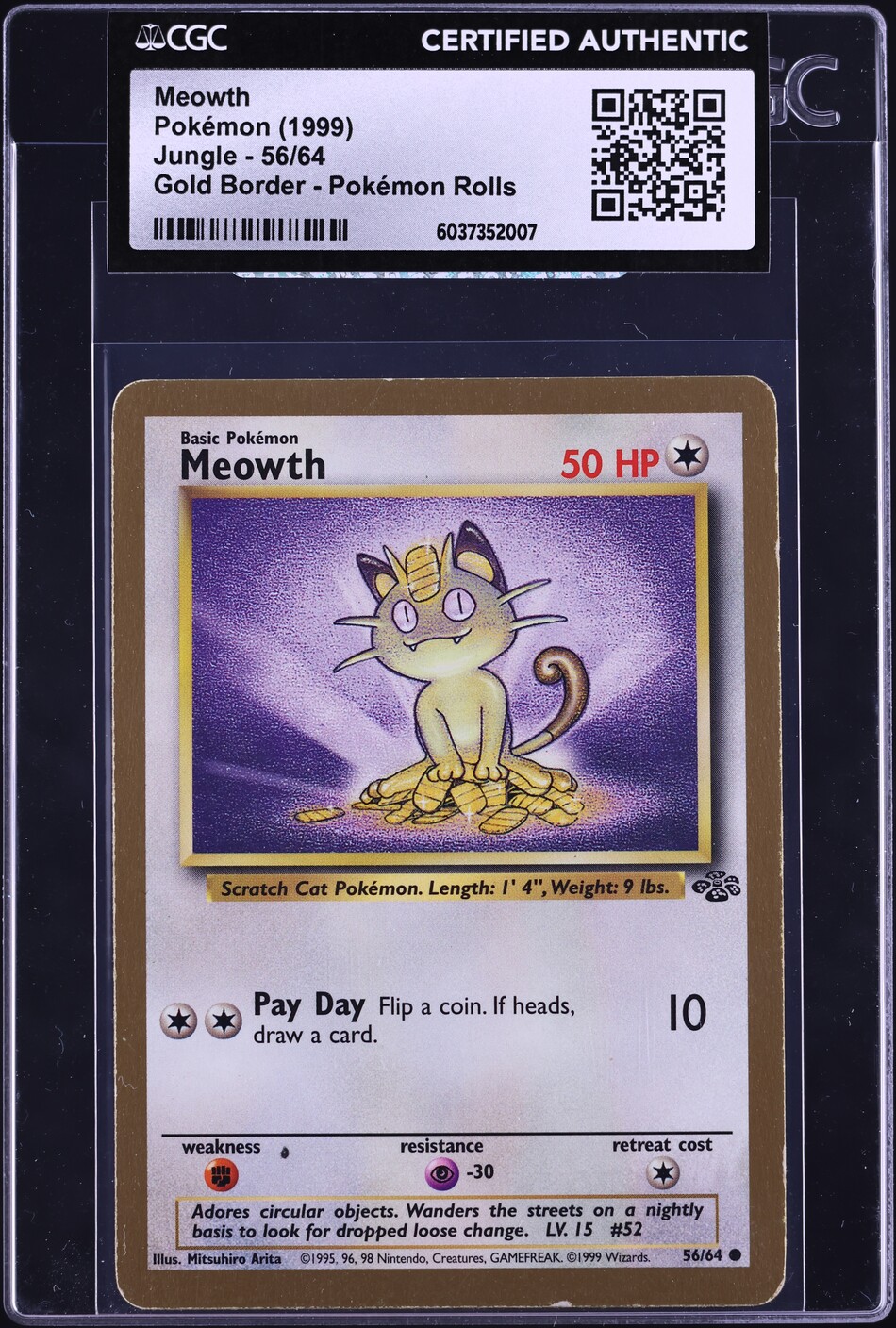 1999 Pokemon Jungle Gold Border Pokemon Rolls Meowth #56 CGC AUTH on ...