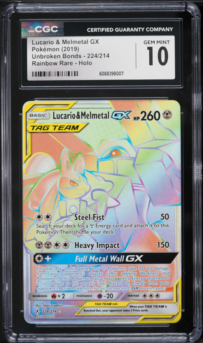 2019 Pokemon Sun & Moon Unbroken Bonds Rainbow Rare Lucario & Melmetal GX #224 CGC 10 GEM MINT ...