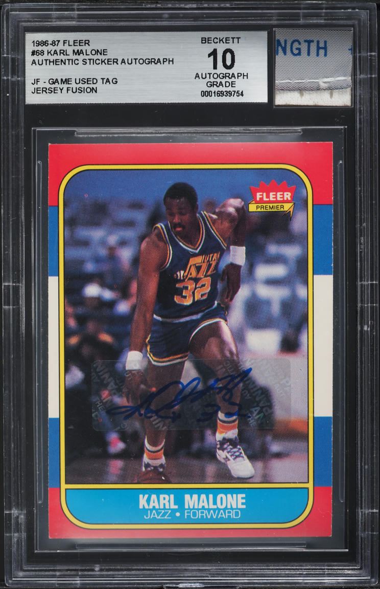 1986 Fleer Basketball Karl Malone ROOKIE GAME USED PATCH AUTO #68 BGS ...