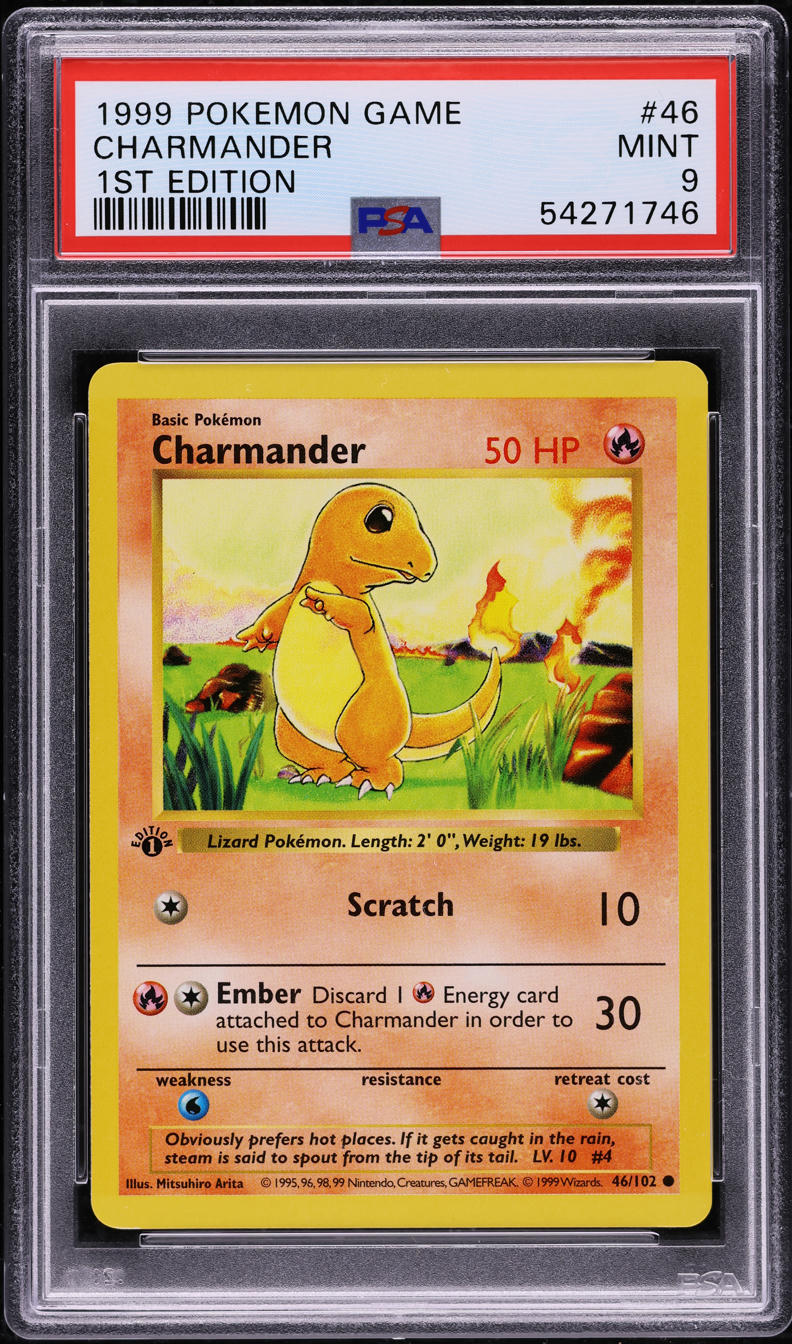 1999 Pokemon Base Set Shadowless 1st Edition Charmander #46 PSA 9 MINT ...