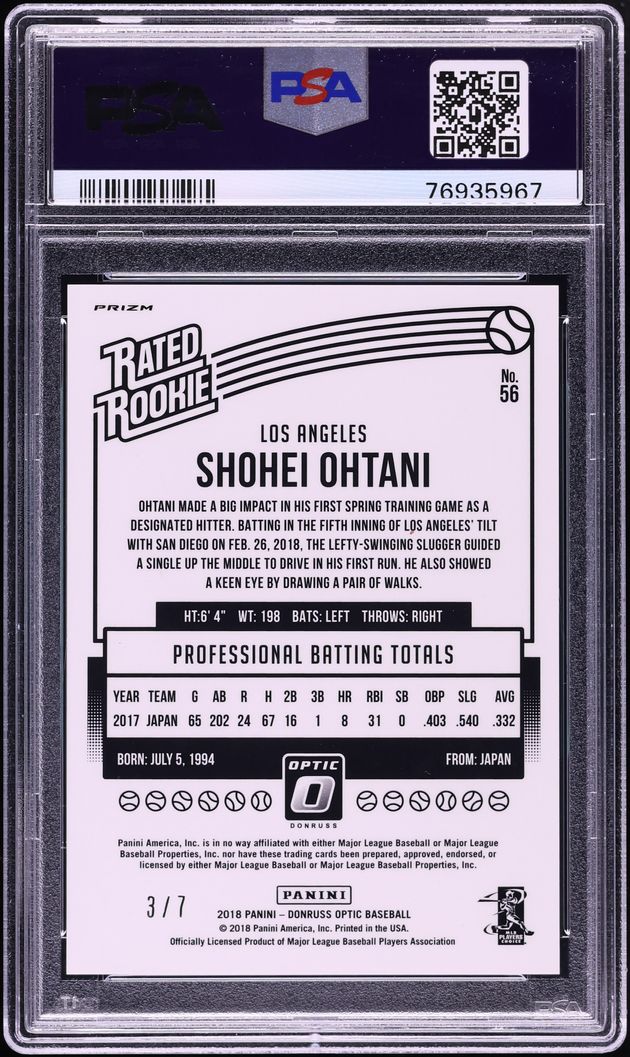 2018 Donruss Optic Cracked Ice Shohei Ohtani ROOKIE /7 #56 PSA 8 NM-MT ...