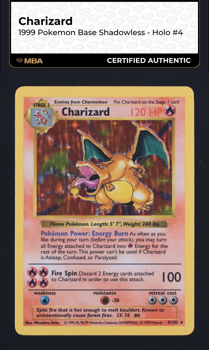 1999 Pokemon Base Set Shadowless Holo Charizard #4 MBA AUTH on Fanatics ...
