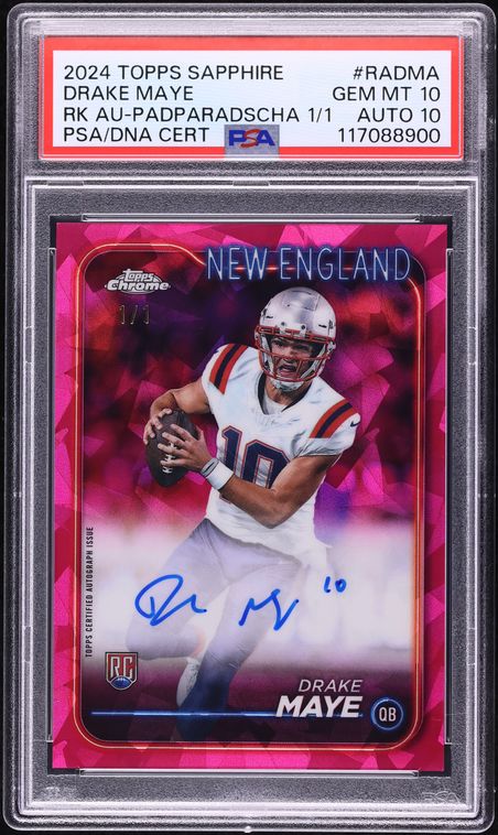 2024 Topps Chrome Sapphire Padparadscha Drake Maye ROOKIE AUTO DNA 10 1 ...