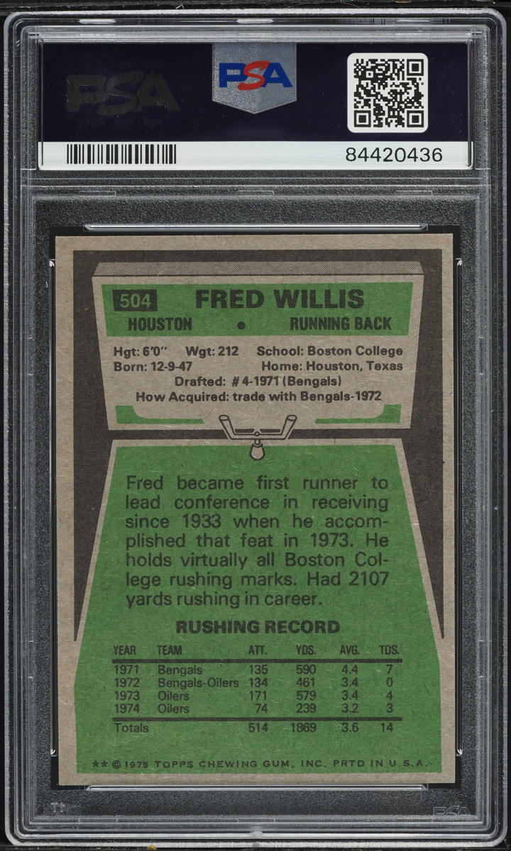 1975 Topps Football Fred Willis #504 PSA 10 GEM MINT on Fanatics Collect